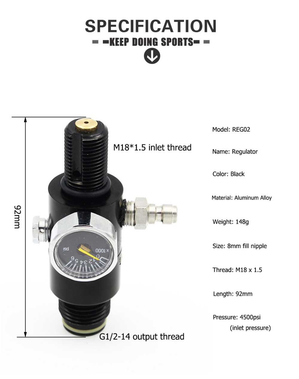 HPA Tank M18*1.5 Thread Regulator Valve 4500psi Inlet 1500psi/1800psi ...